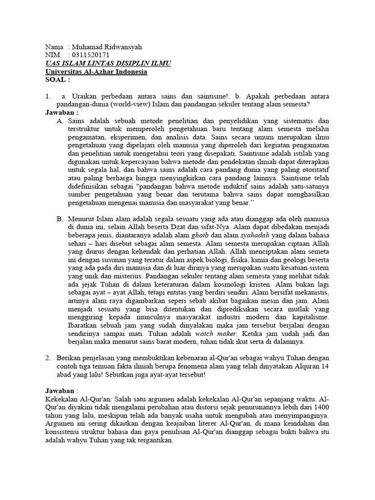 UAS Islam Lintas Disiplin Ilmu | PDF | Ilmu Sosial | Filsafat