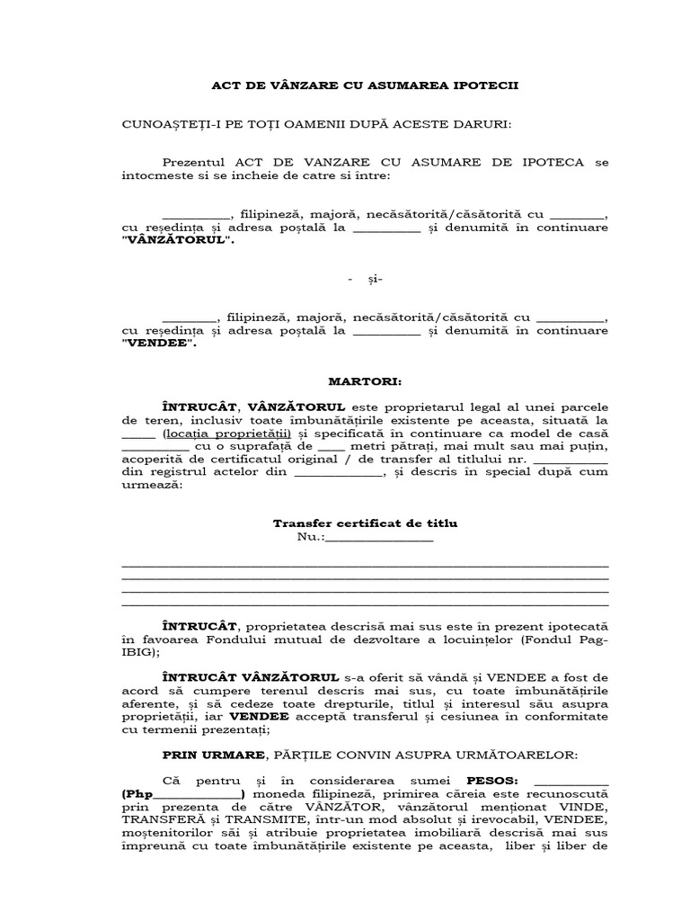 MODEL - Act de Vânzare Cu Asumare Ipotecă | PDF