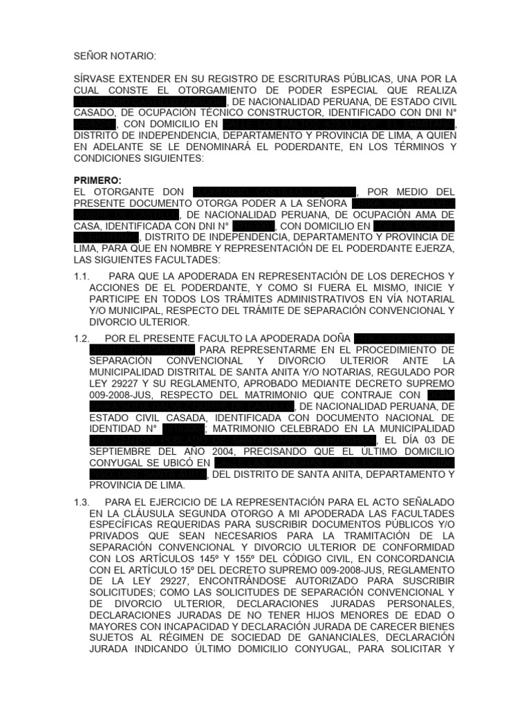 Minuta de Poder Especial Divorcio | Descargar gratis PDF | Divorcio | Instituciones sociales