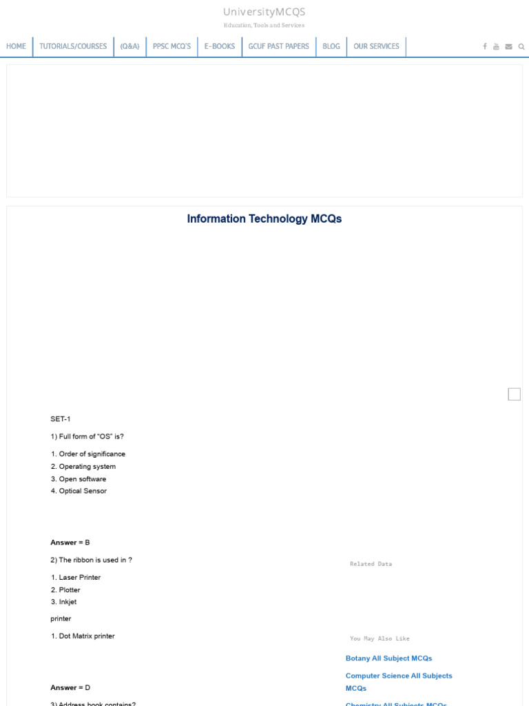 Information Technology MCQs - UniversityMCQS | PDF | Network Topology | Printer (Computing)