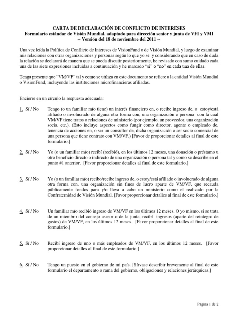 Carta de Declaración de Conflicto de Intereses | PDF