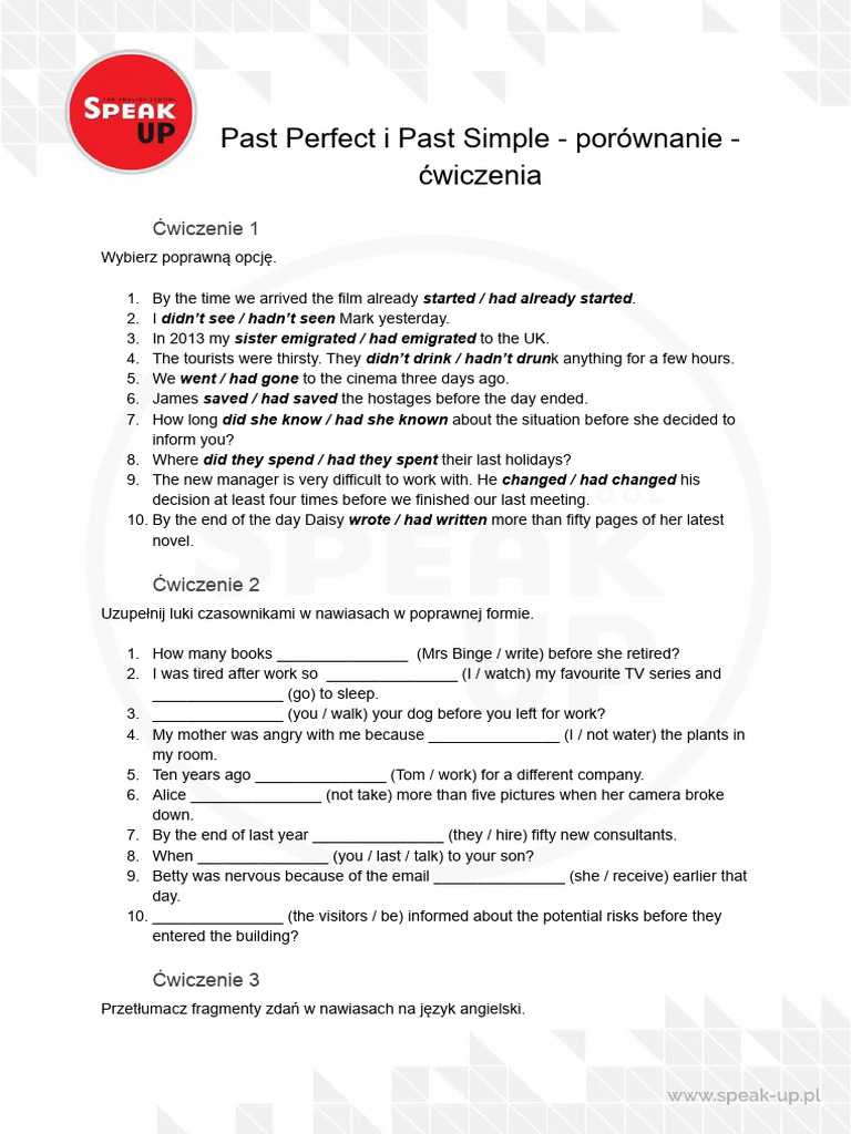 Cwiczenia Past Perfect Past Simple Porownanie | PDF Cwiczenia Past Perfect Past Simple Porownanie | PDF