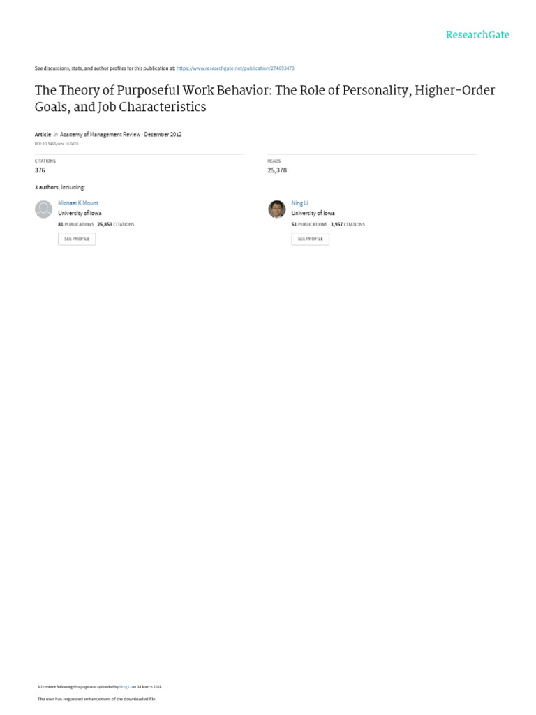 The Theory of Purposeful Work Behavior The Role of Personality | PDF