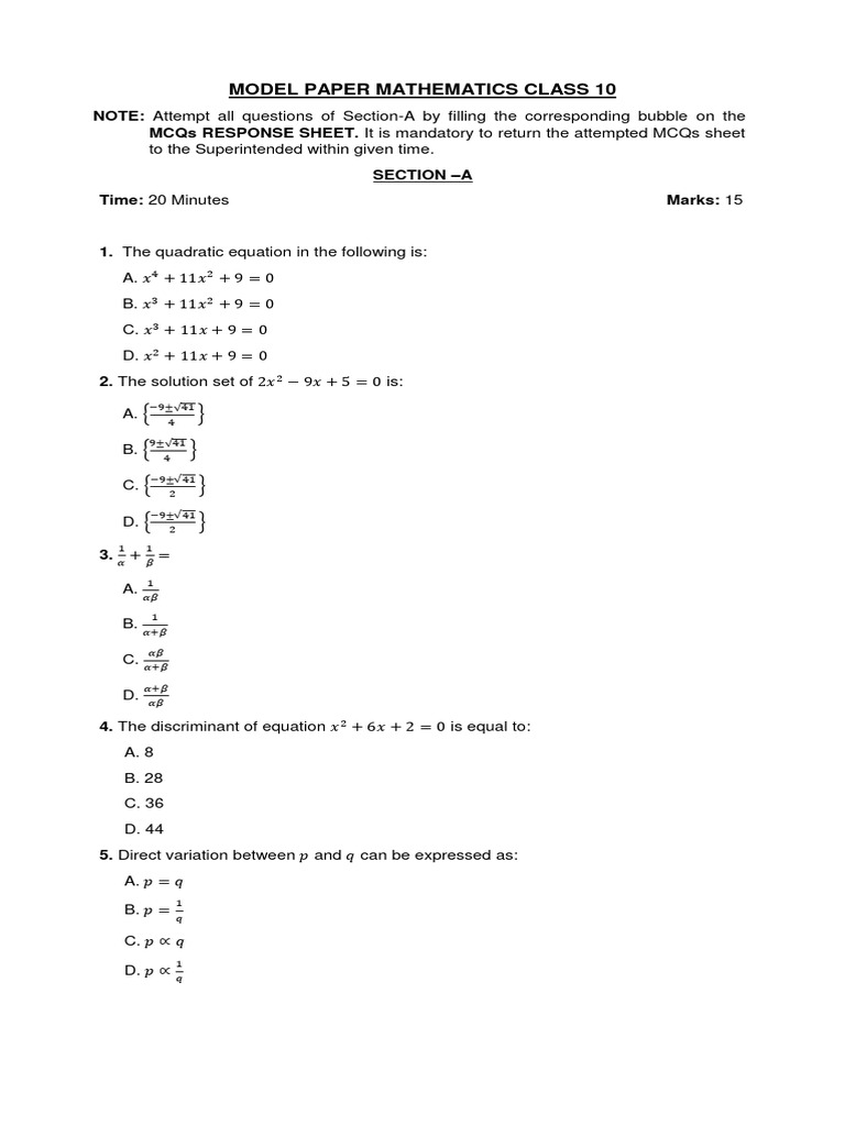 Model Paper Mathematics 10 | PDF | Circle | Mathematics