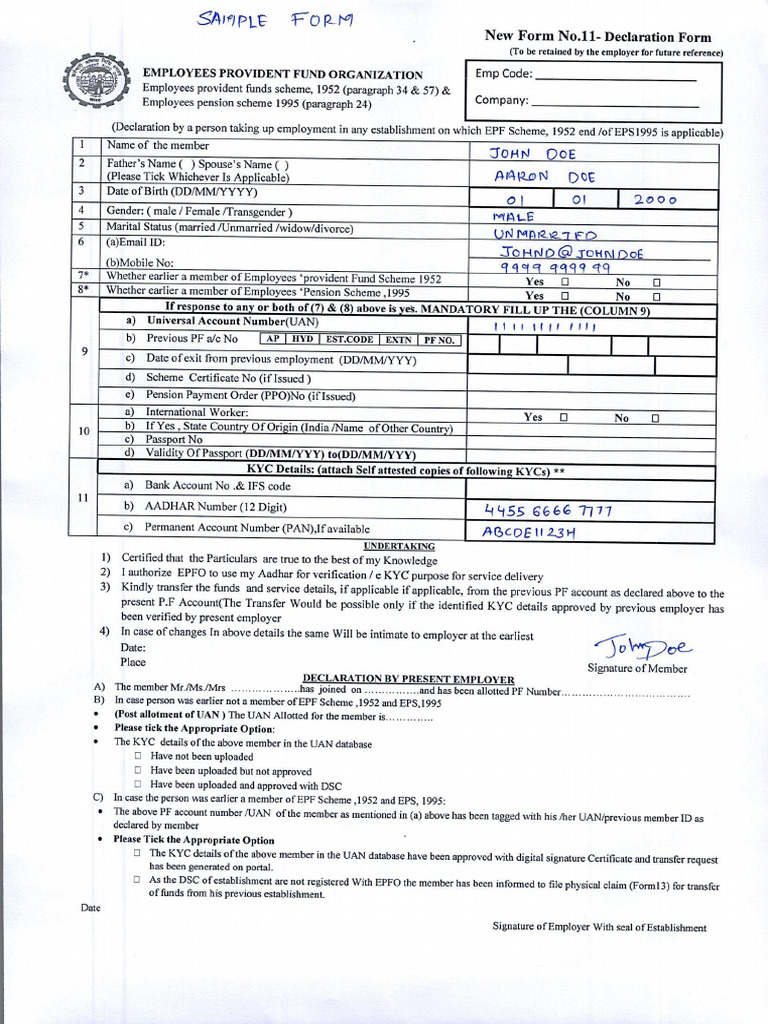 Sample PF Declaration Form -11 | PDF