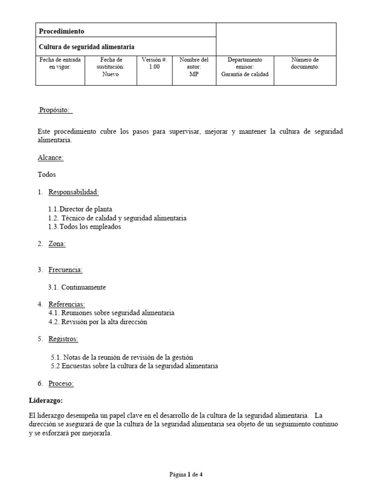 1.1.2 Plan de Cultura de Seguridad Alimentaria | PDF | Seguridad alimenticia | Alimentos