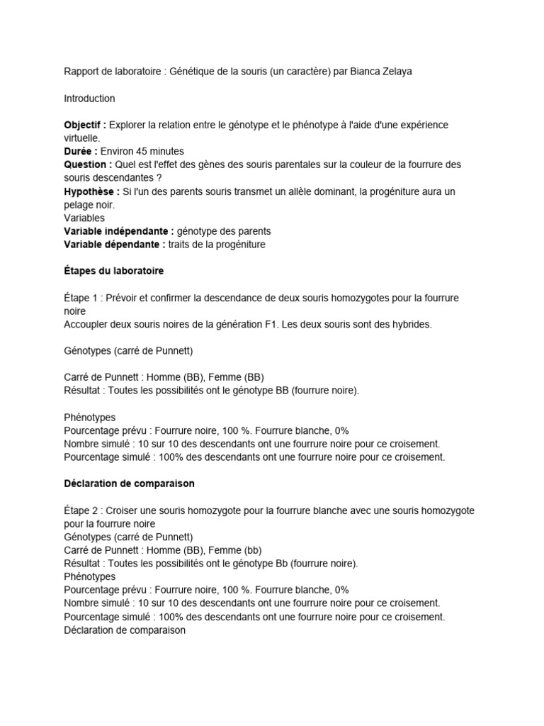 Rapport de Laboratoire - Génétique de La Souris (Un Trait) | PDF