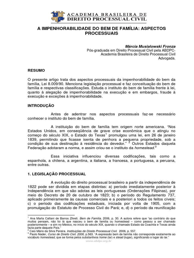 A IMPENHORABILIDADE DO BEM DE FAMLIA - ASPECTOS PROCESSUAIS - Marcia ...
