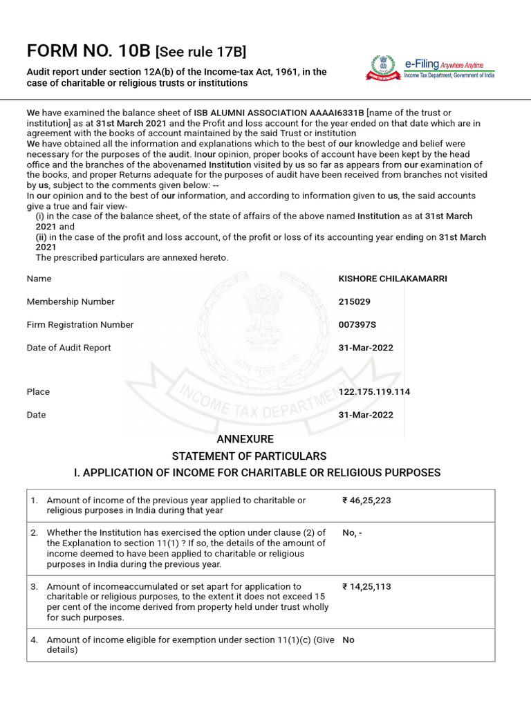 Form 10B - Filed Form AY 21-22 | Download Free PDF | Audit | Interest