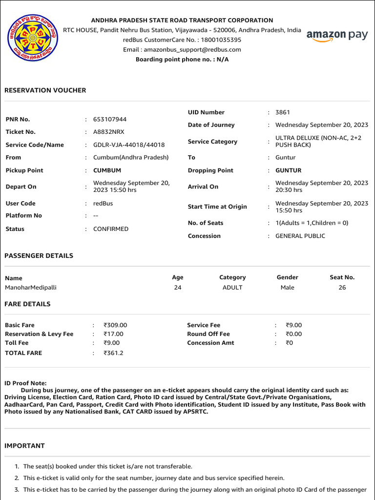 Andhra Pradesh Bus Ticket Details | PDF | Ticket (Admission) | Identity ...