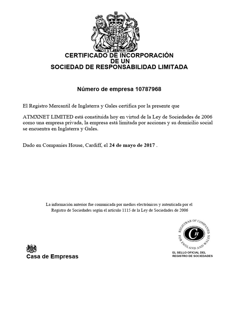 Certificado de Registro de Empresa-Reino Unido | Descargar gratis PDF | Justicia | Crimen y ...