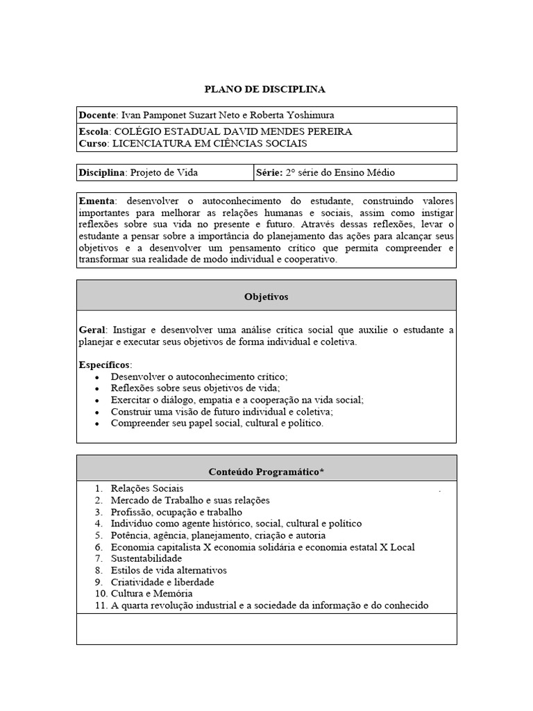 Plano de Disciplina | PDF | Sociologia | Economia