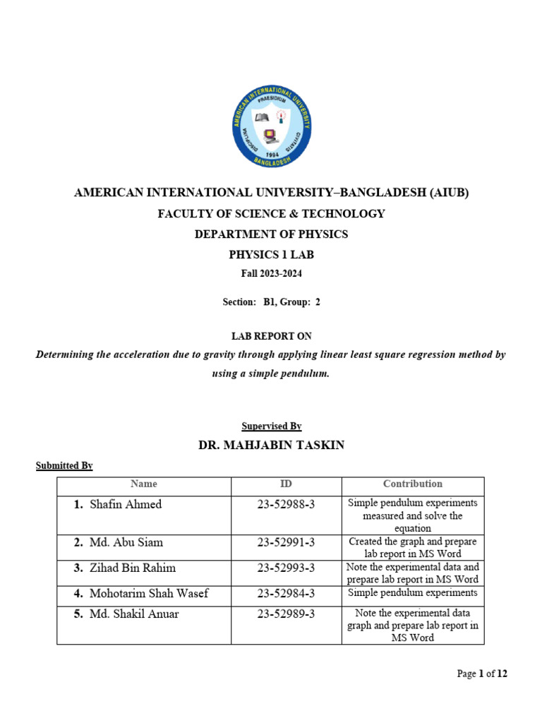Physics Lab 1 | PDF | Linear Regression | Regression Analysis