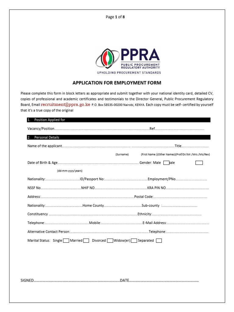 Application For Employment Form PPRA | PDF | Career & Growth