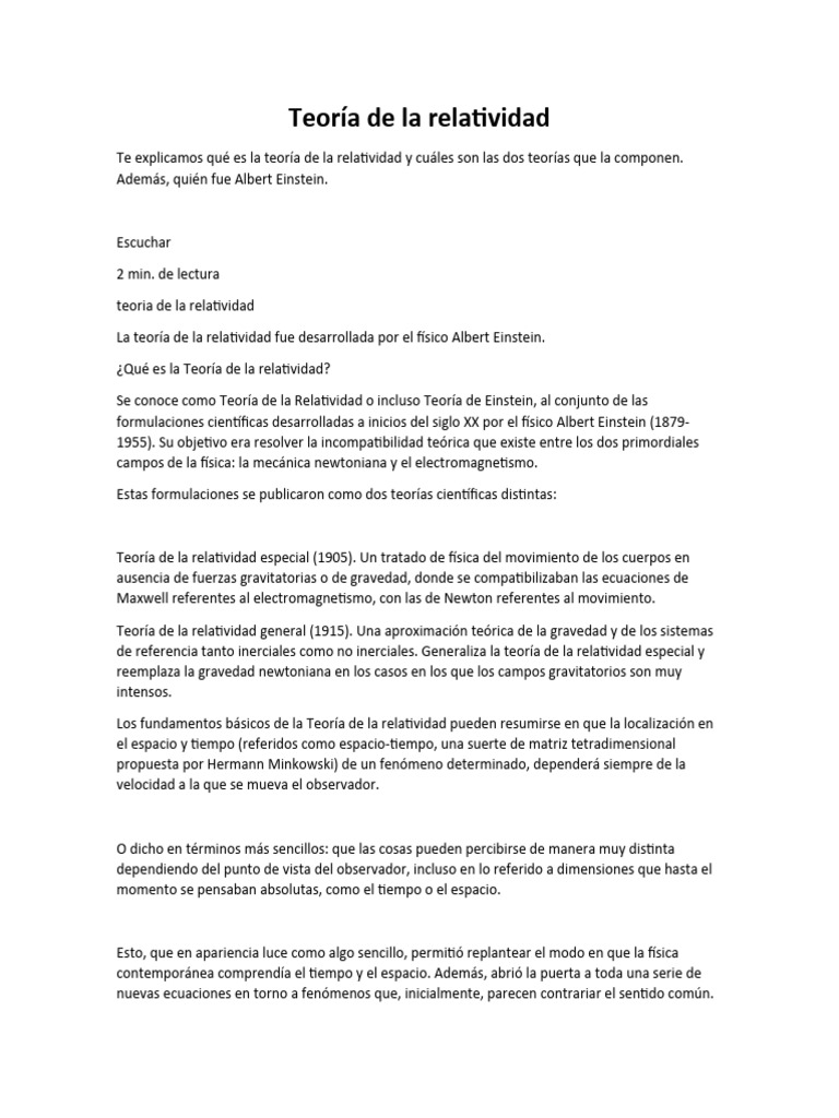Teoría de la Relatividad de Einstein | PDF | Relatividad general ...