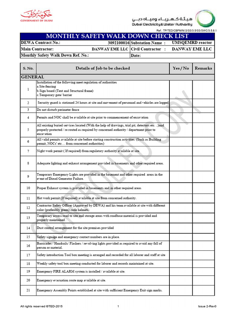Safety - Walk - Down - Checklist-Issue - 2-Rev - .0 - UMSQEMRD | PDF ...