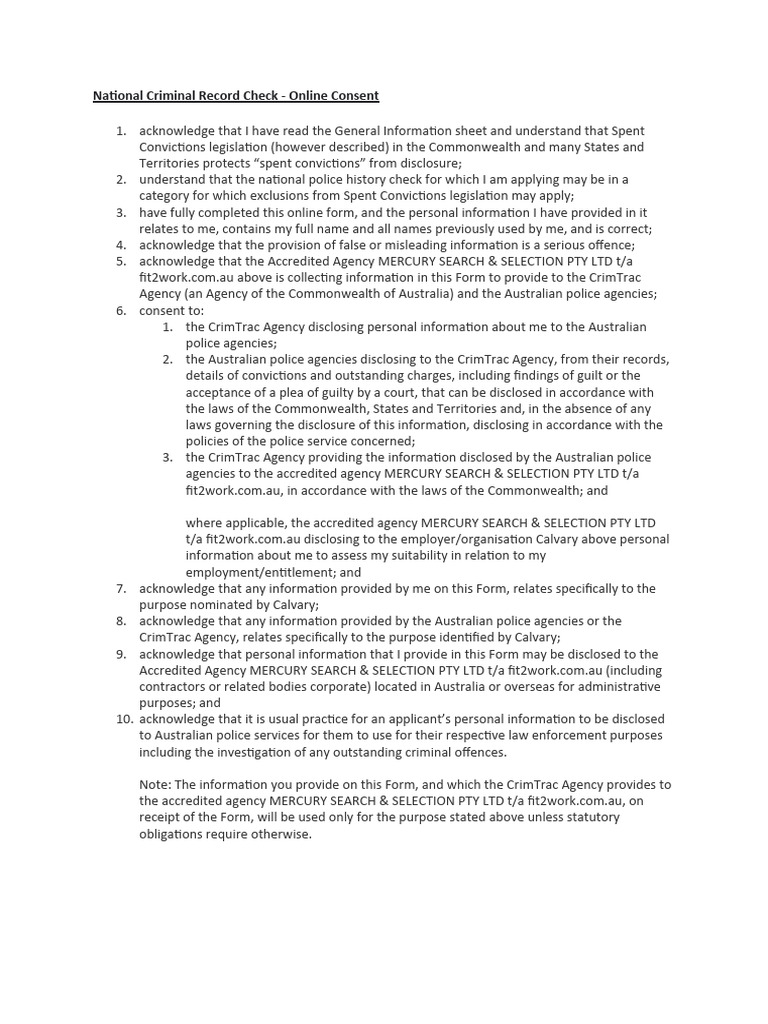 Applicant Fit2Work Consent | PDF | Criminal Record | Police