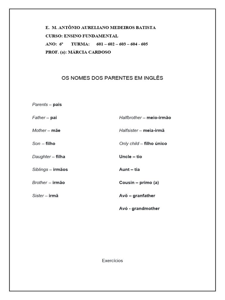 Nomes de Parentes em Inglês | PDF