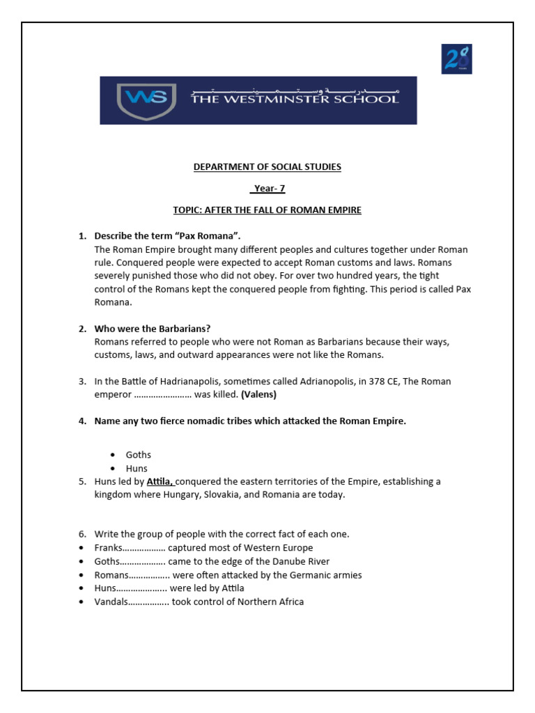 Year 7: Fall of Roman Empire | PDF