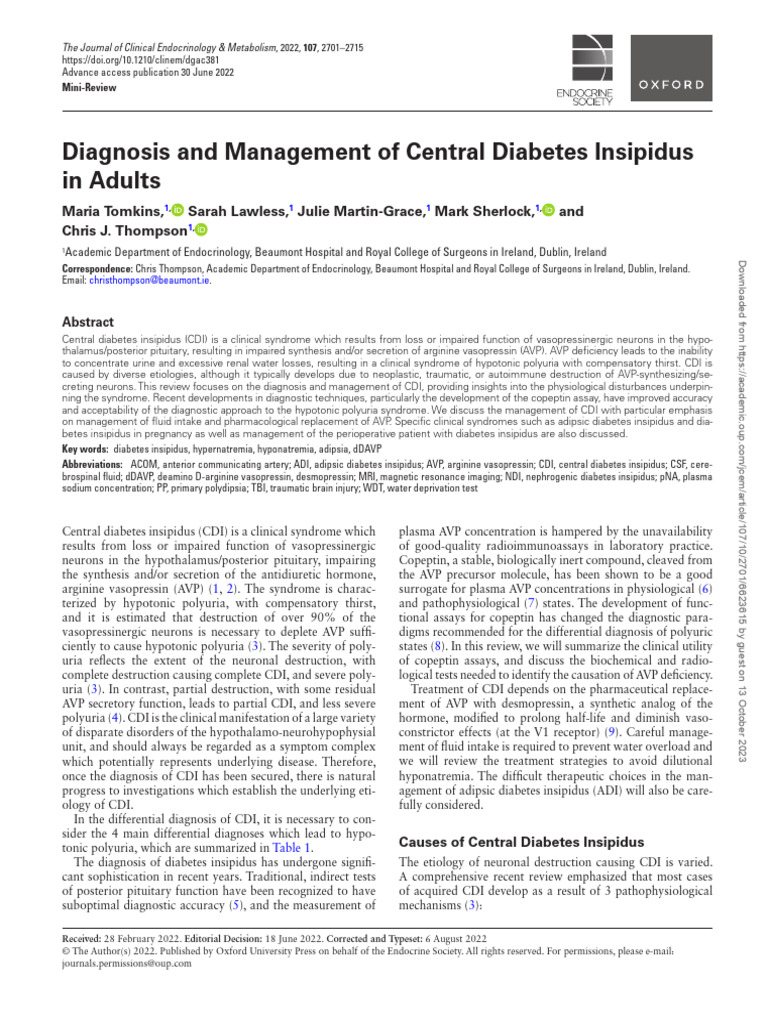 Diagnosis and Management of Central Diabetes Insipidus in Adults | PDF