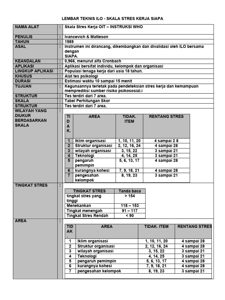 Lembar Teknis Skala Stres Kerja ILO 1 | PDF