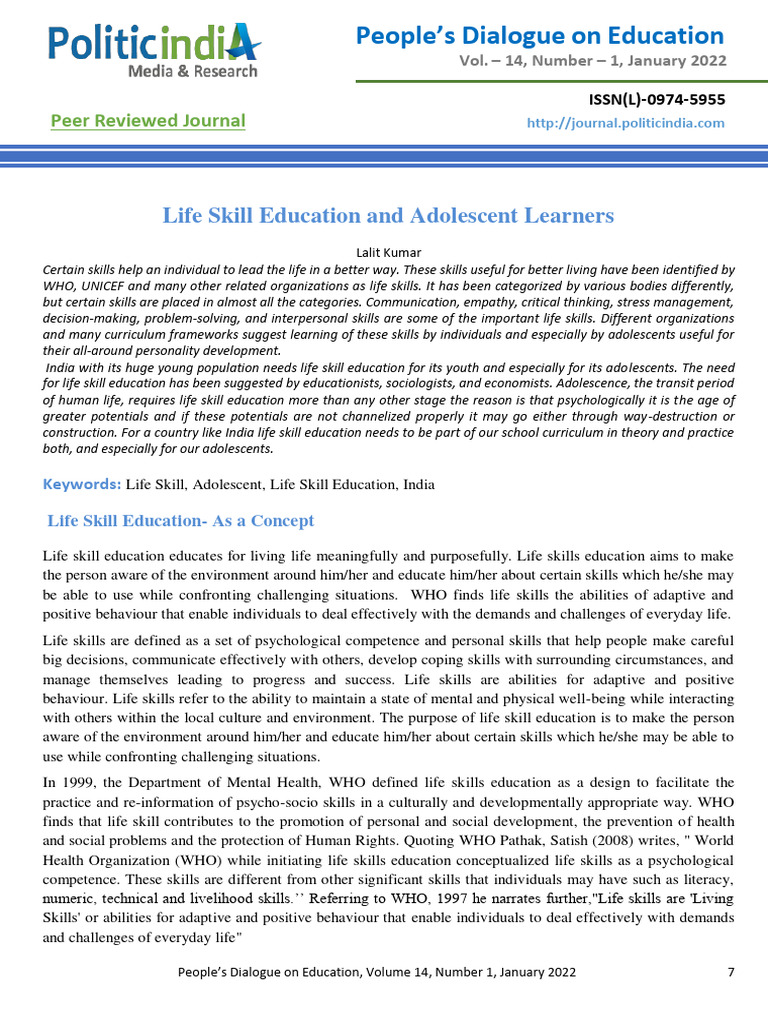 Life Skill Education And Adolescent Lear Pdf Adolescence Life Skills