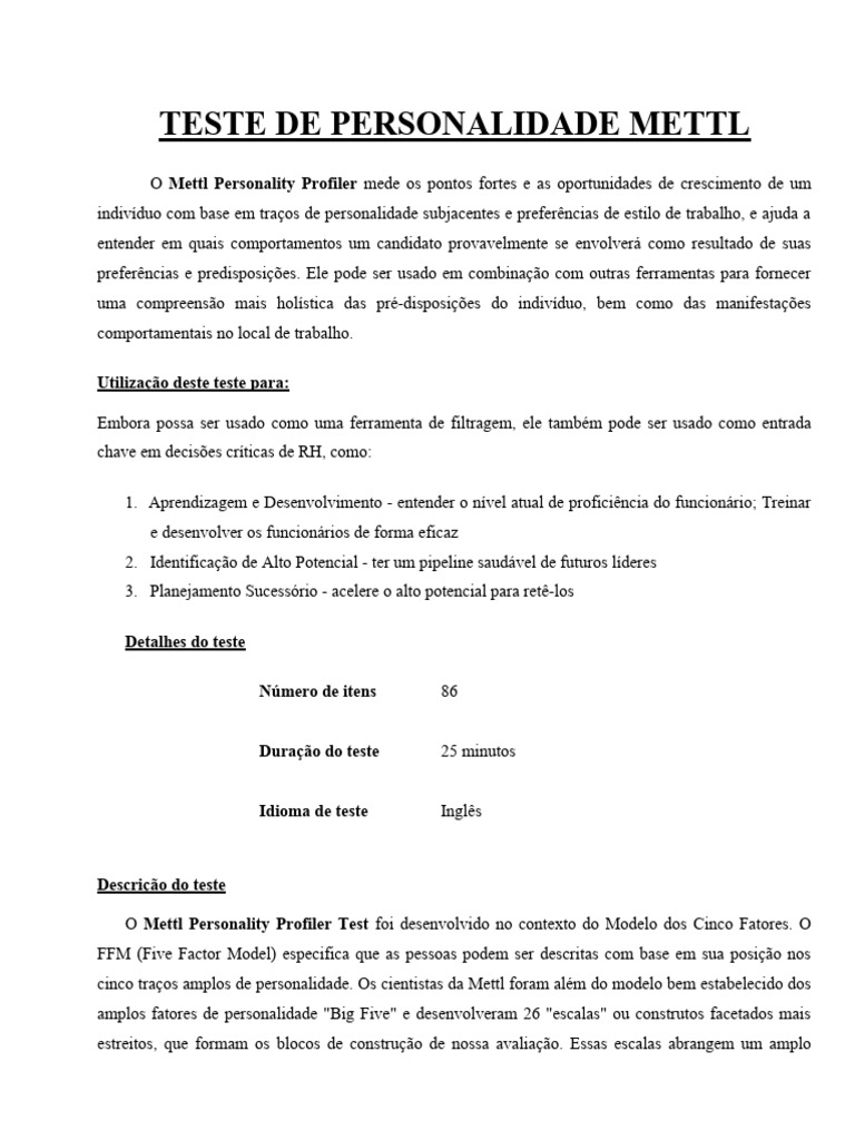Teste de Personalidade Mettl | PDF | Motivação | Motivacional