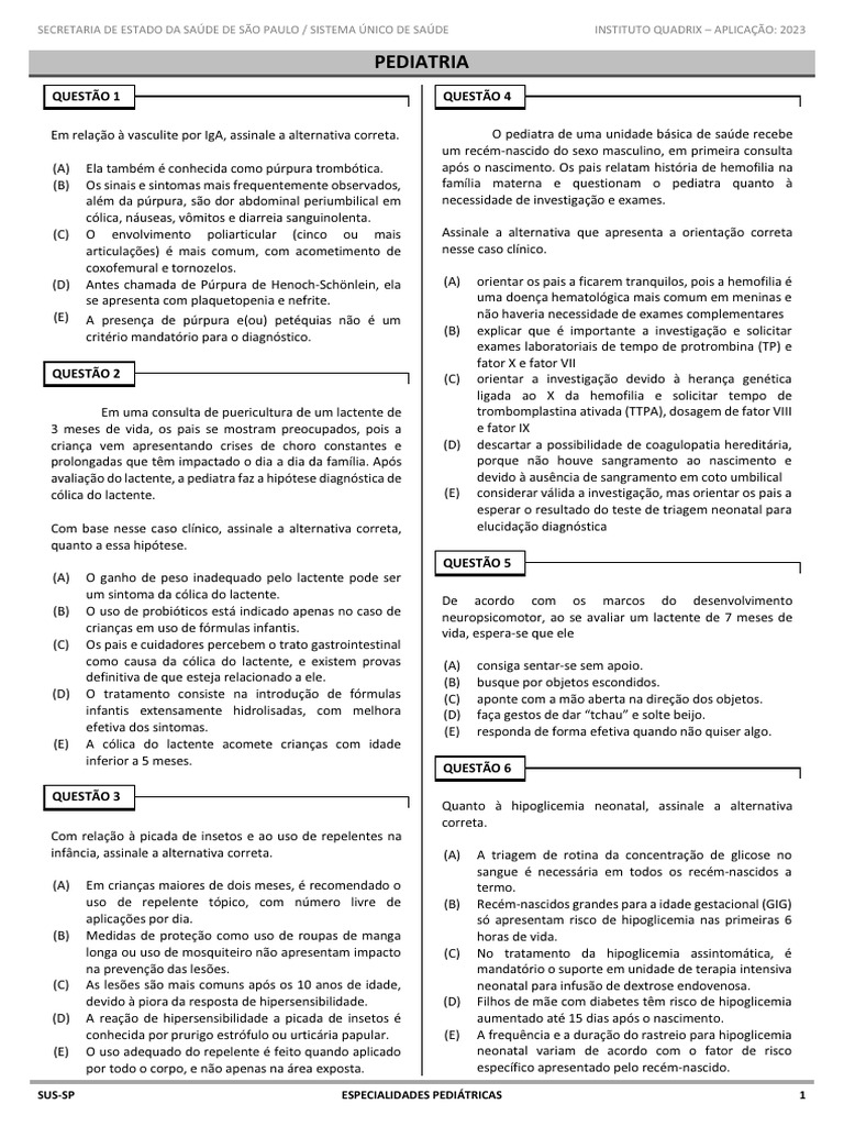 500-600-700-1500 - ESPECIALIDADES PEDIATRICAS - Prova - Objetiva - SES ...