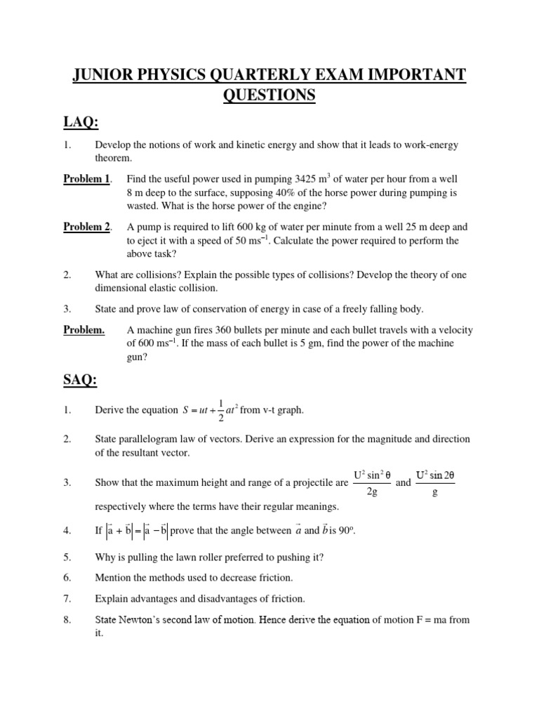 Junior Physics Quarterly Exam Guide | PDF | Velocity | Torque