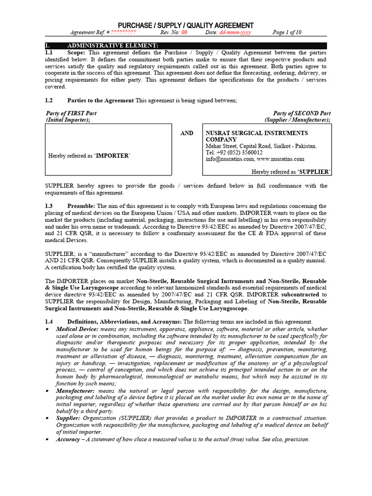 Purchase Supply Quality Agreement | Download Free PDF | Medical Device ...
