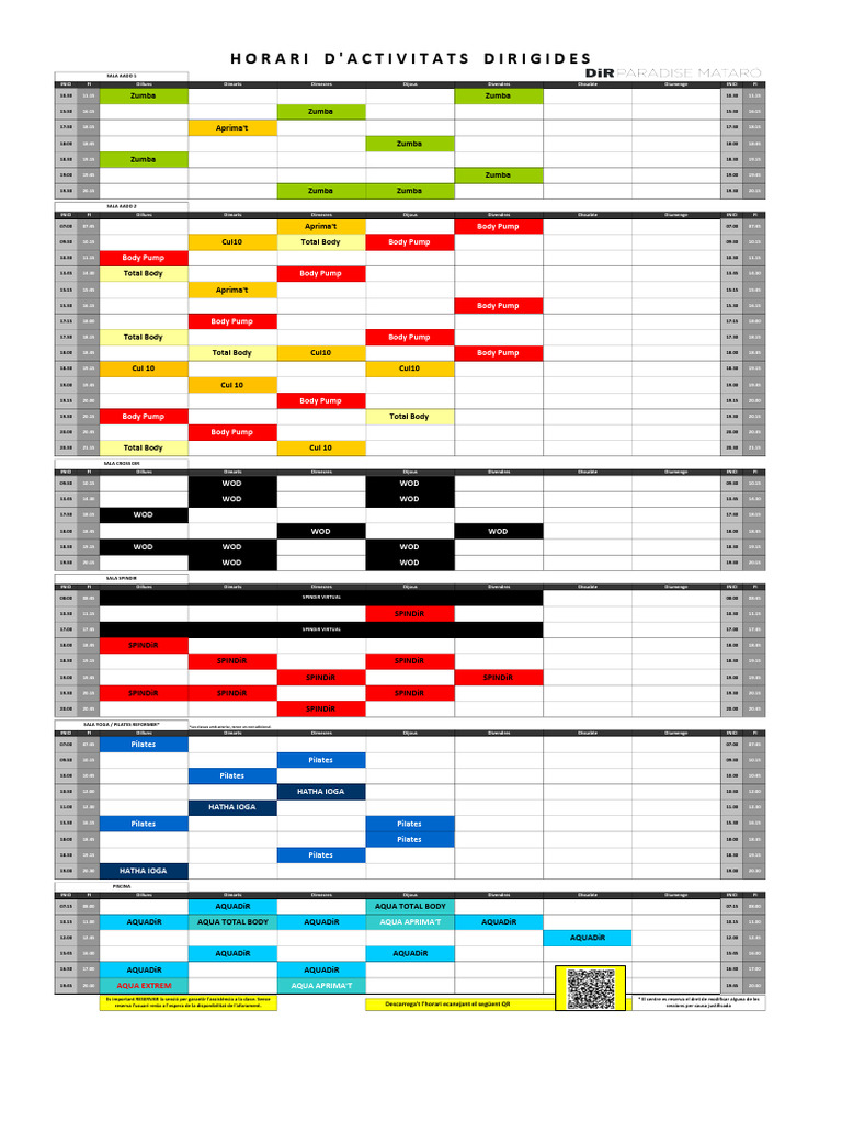 Horaris Activitats Dirigides Dir Paradise Mataro | PDF
