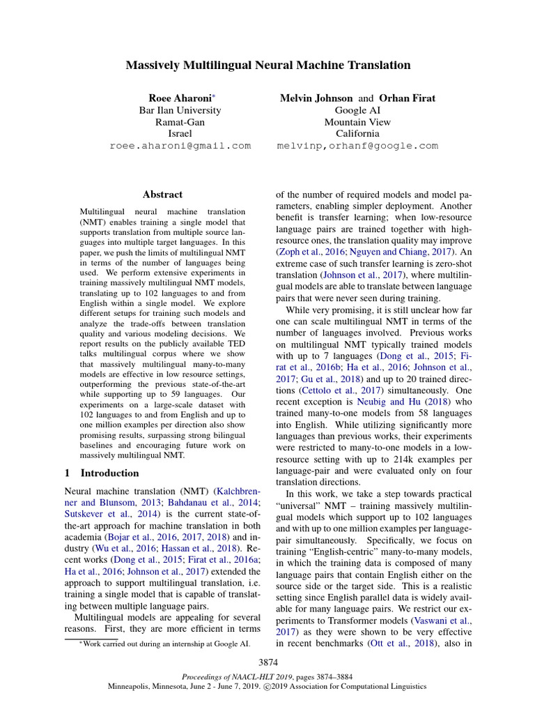 Massive Multilingual Neural Machine Translation | PDF