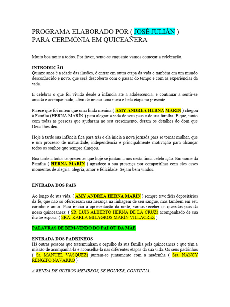 Roteiro para Cerimônia de 15 Anos | PDF