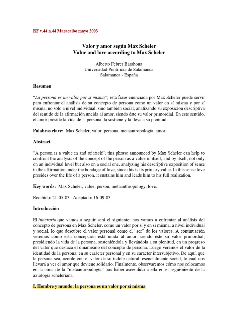 Max Scheler - Valores | PDF | Amor | Conocimiento