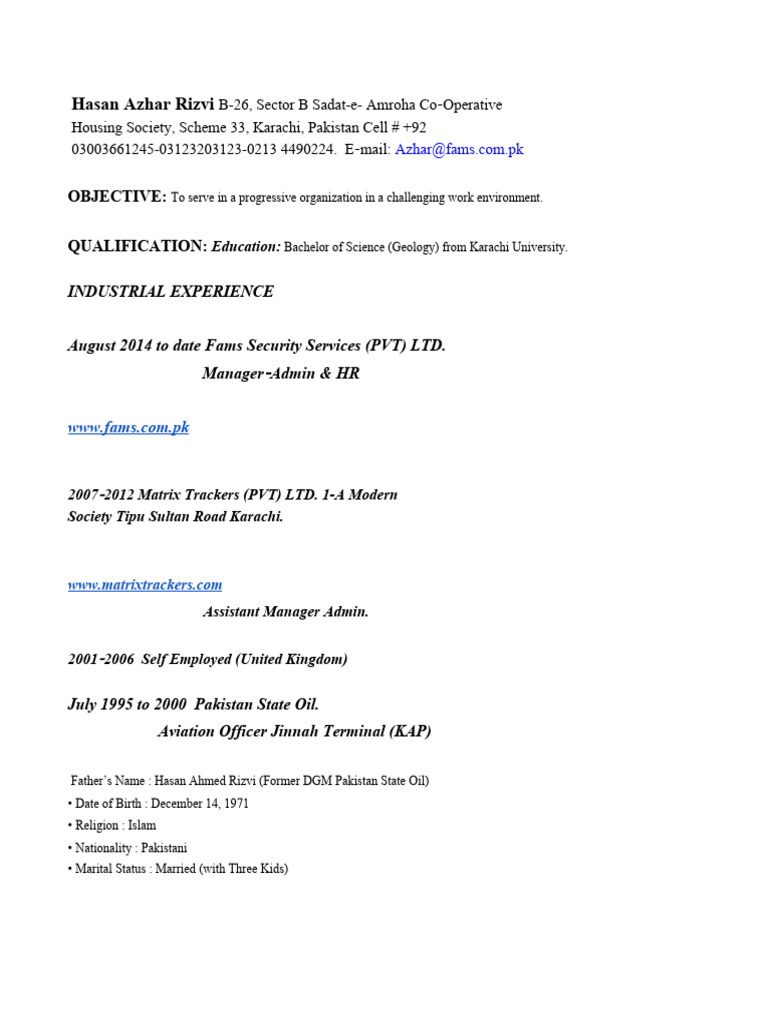 C V of Hasan Azhar Rizvi | PDF