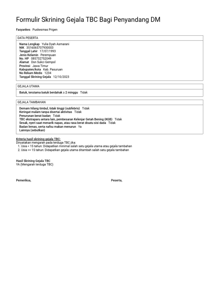 Form Skrining Gejala TBC Bagi Penyandang DM | PDF