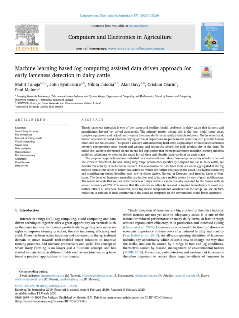 Machine Learning Based Fog Computing Assisted Data-Driven Approach For Early Lameness Detection ...