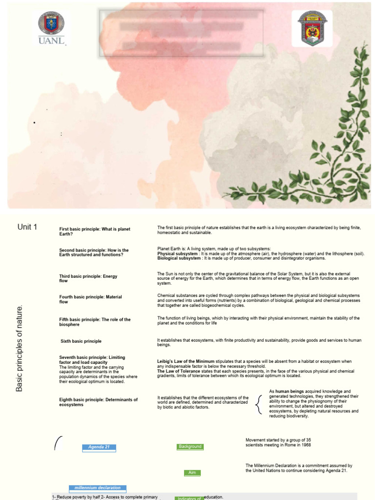 Activity 2.1 Synoptic Table of Units 1, 2 and 3 of The Book "Environment and Sustainability". | PDF