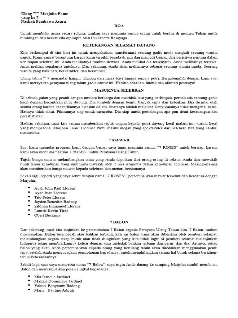 Naskah Pembawa Acara Ulang Tahun Ke 7 Bibi | PDF