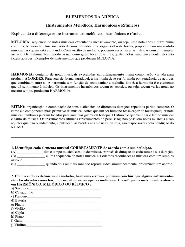 Instrumentos Rítmicos, Melódicos e Harmônicos - Elementos Da Música ...