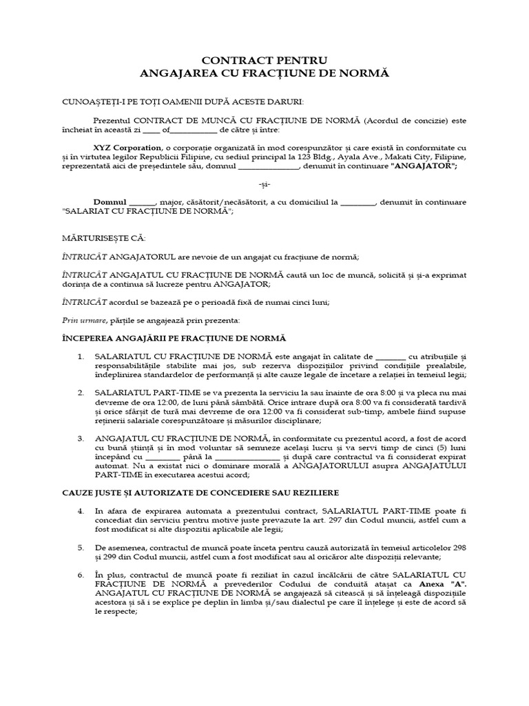 Contract de Angajare Part-Time Pentru Zilnic Platit | PDF