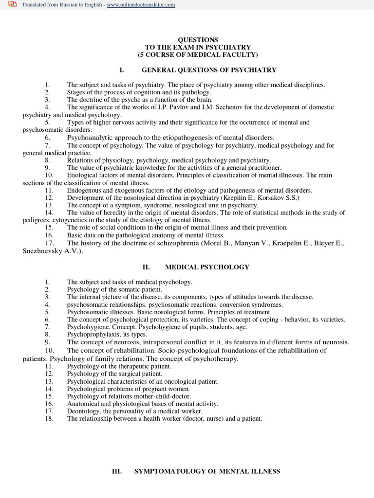 Psychiatry Exam Questions for Medical Students | PDF | Psychiatry ...