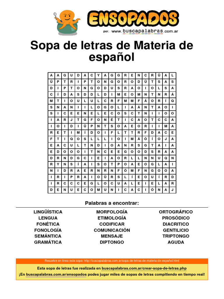 Sopa de Letras de Materia de Español | PDF | Idiomas | Estudios de ...