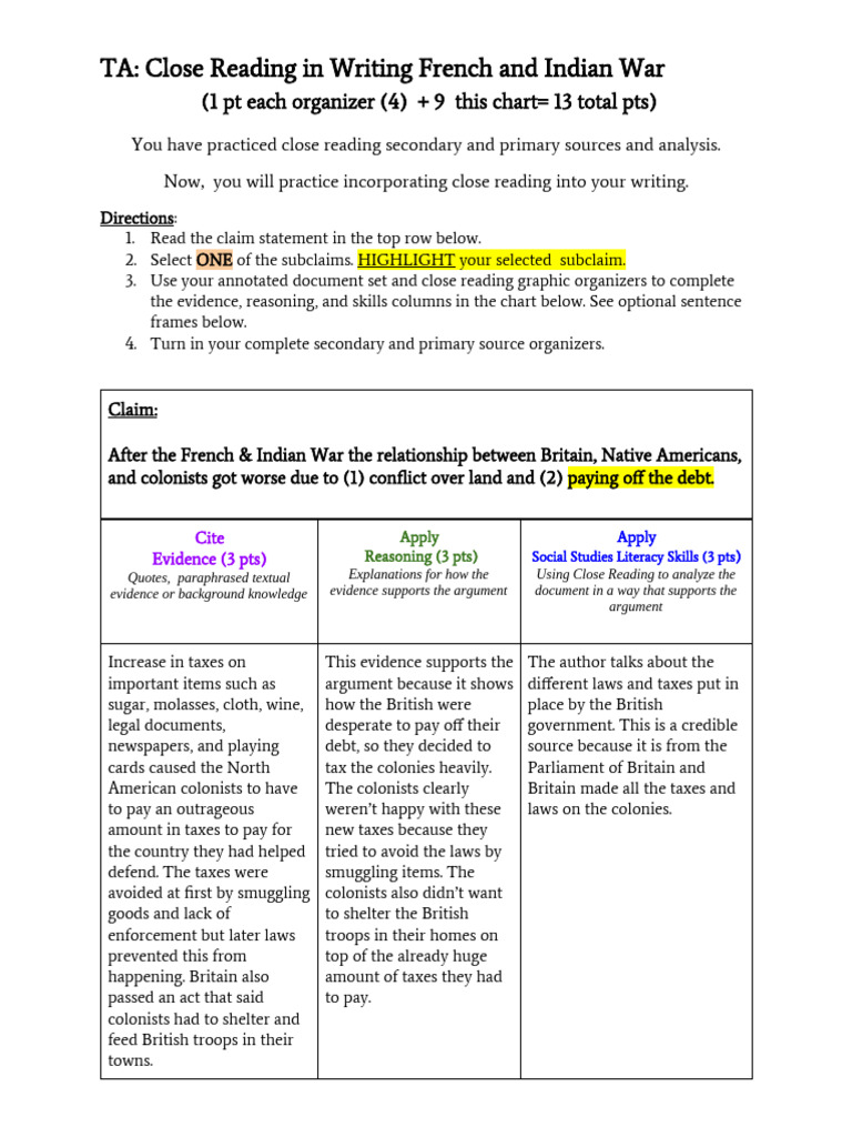 TA - Close Reading and Writing - French and Indian War-1 | PDF ...