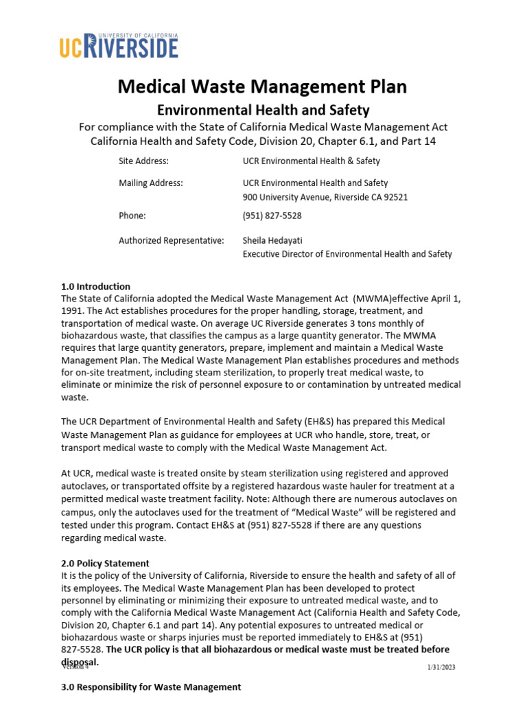 Medical Waste MGT Plan Feb2020 | PDF | Waste | Infection