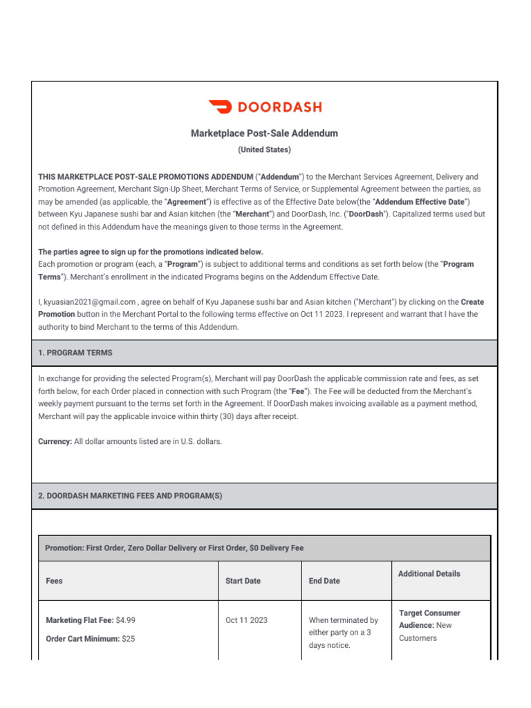 Doordash Marketplace Post Sale Addendum | PDF | Fee | Economies