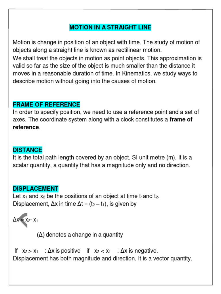 Chapter 1 Motion in Straight Line Notes | PDF | Distance | Kinematics