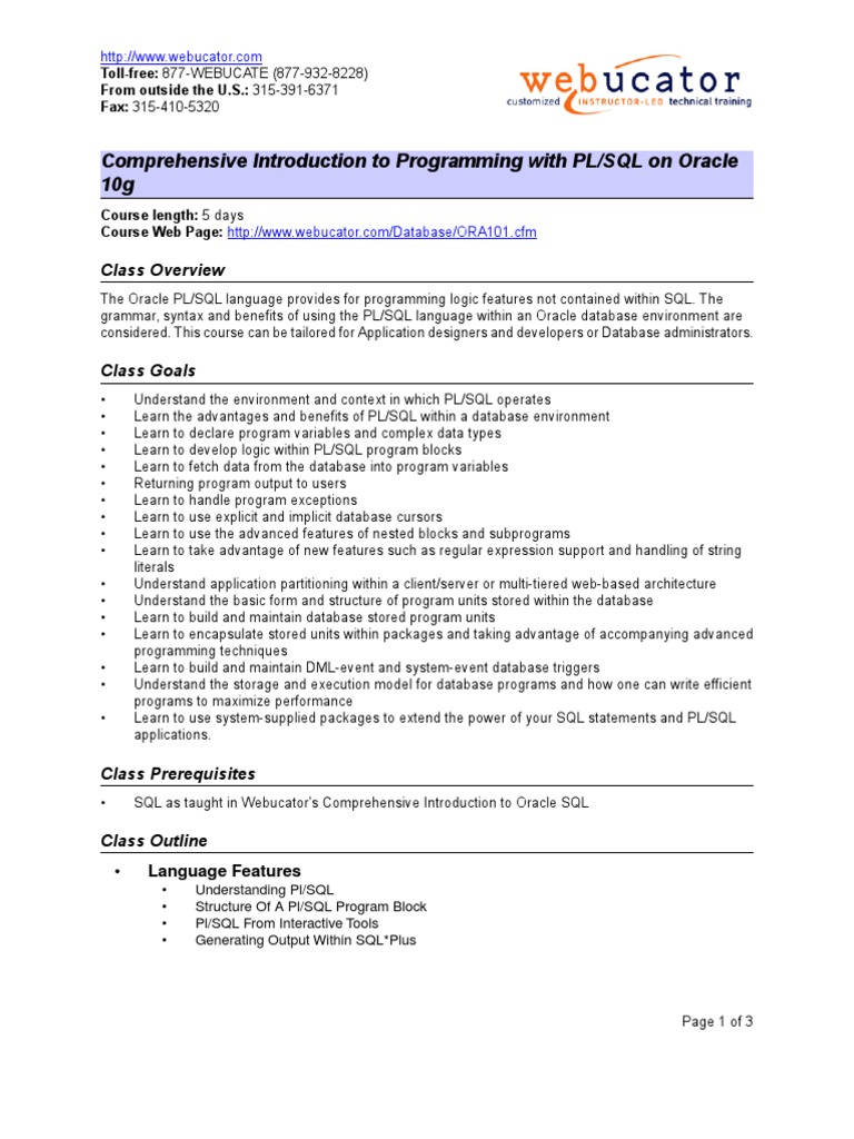 Comprehensive Introduction To Programming With PL/SQL On Oracle 10g | PDF | Pl/Sql | Subroutine