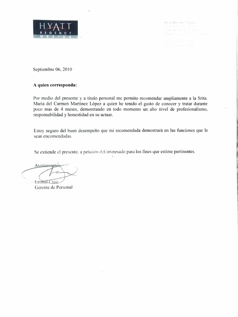 Carta de Recomendación Hyatt | PDF