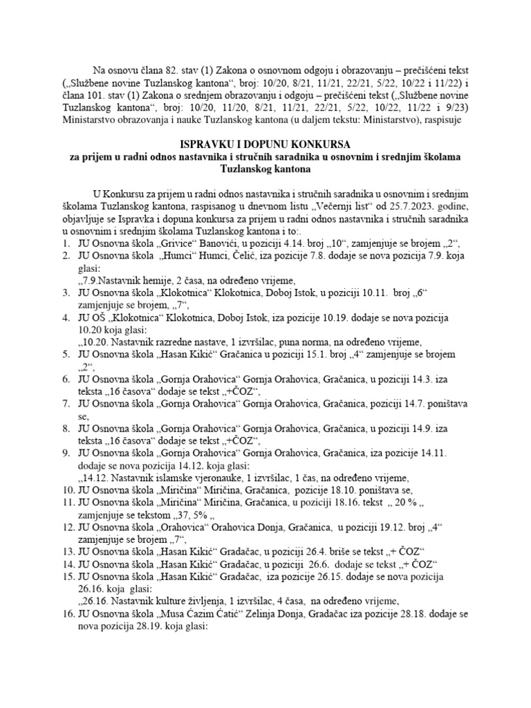 Ispravka I Dopuna Konkursa Nastavnici I Strucni Saradnici | PDF